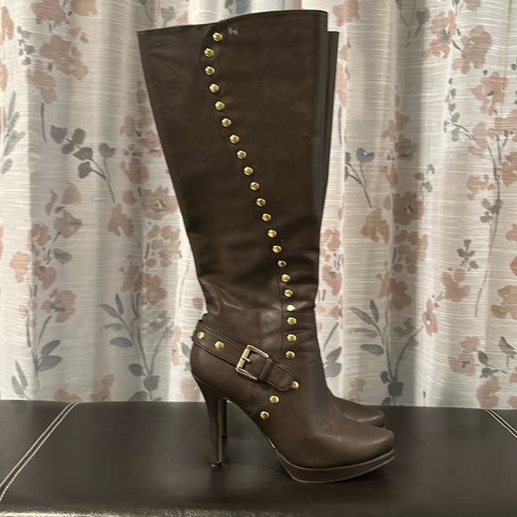 Shoe Dazzle | Shoes | 65 Knee High Brow Boots With Gold Embellishments ...